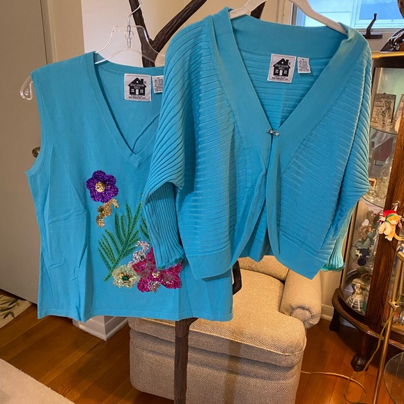 Storybook Knits | Tops | Aqua Blue Floral Embroidered Vest And Cardigan ...